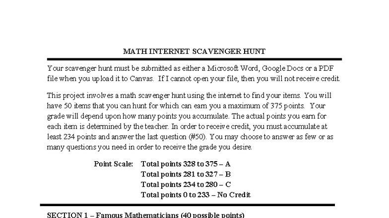 MATH 101: Internet Scavenger Hunt Project Guidelines - Studocu