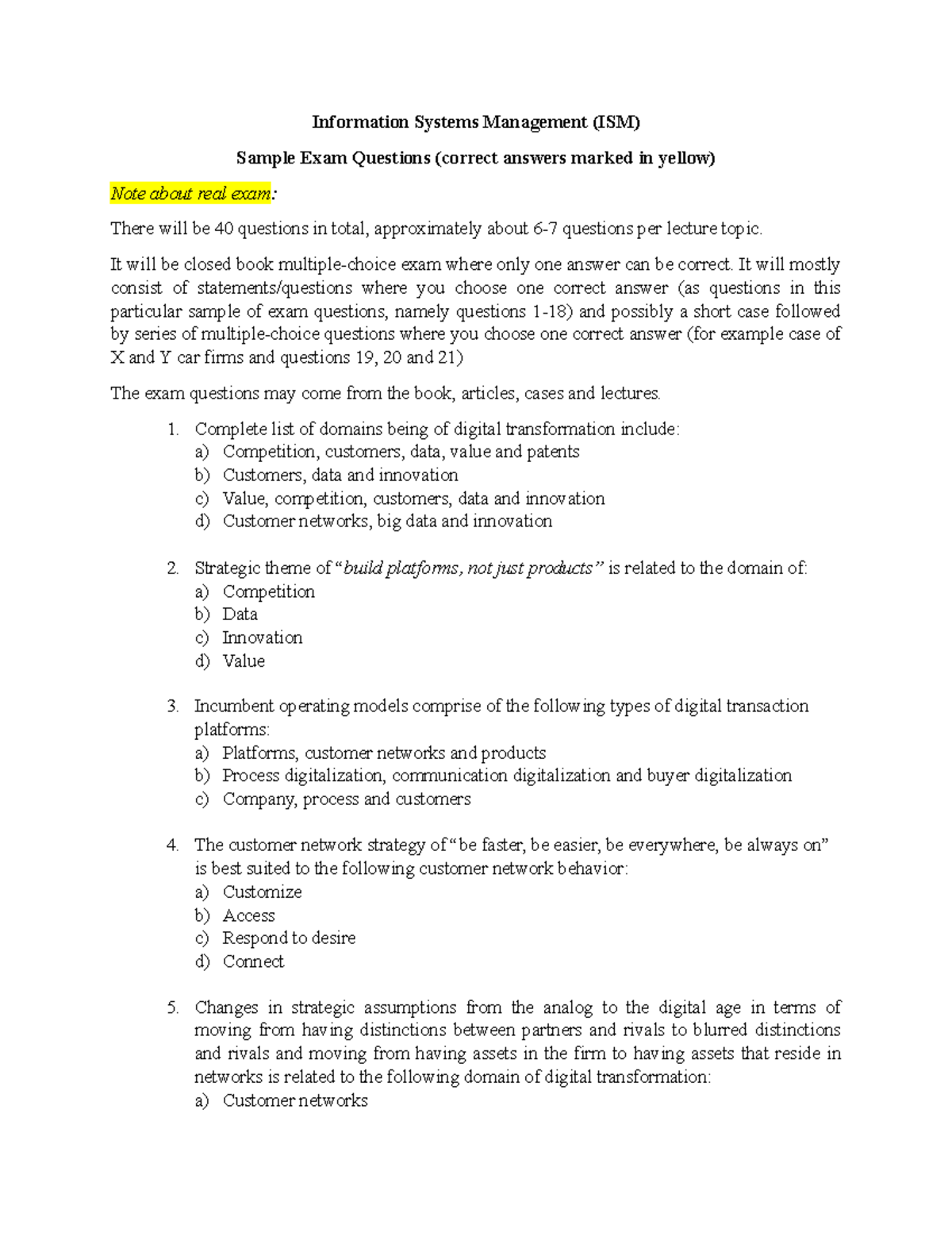 ISM Exam Questions without Solutions - Information Systems Management ...