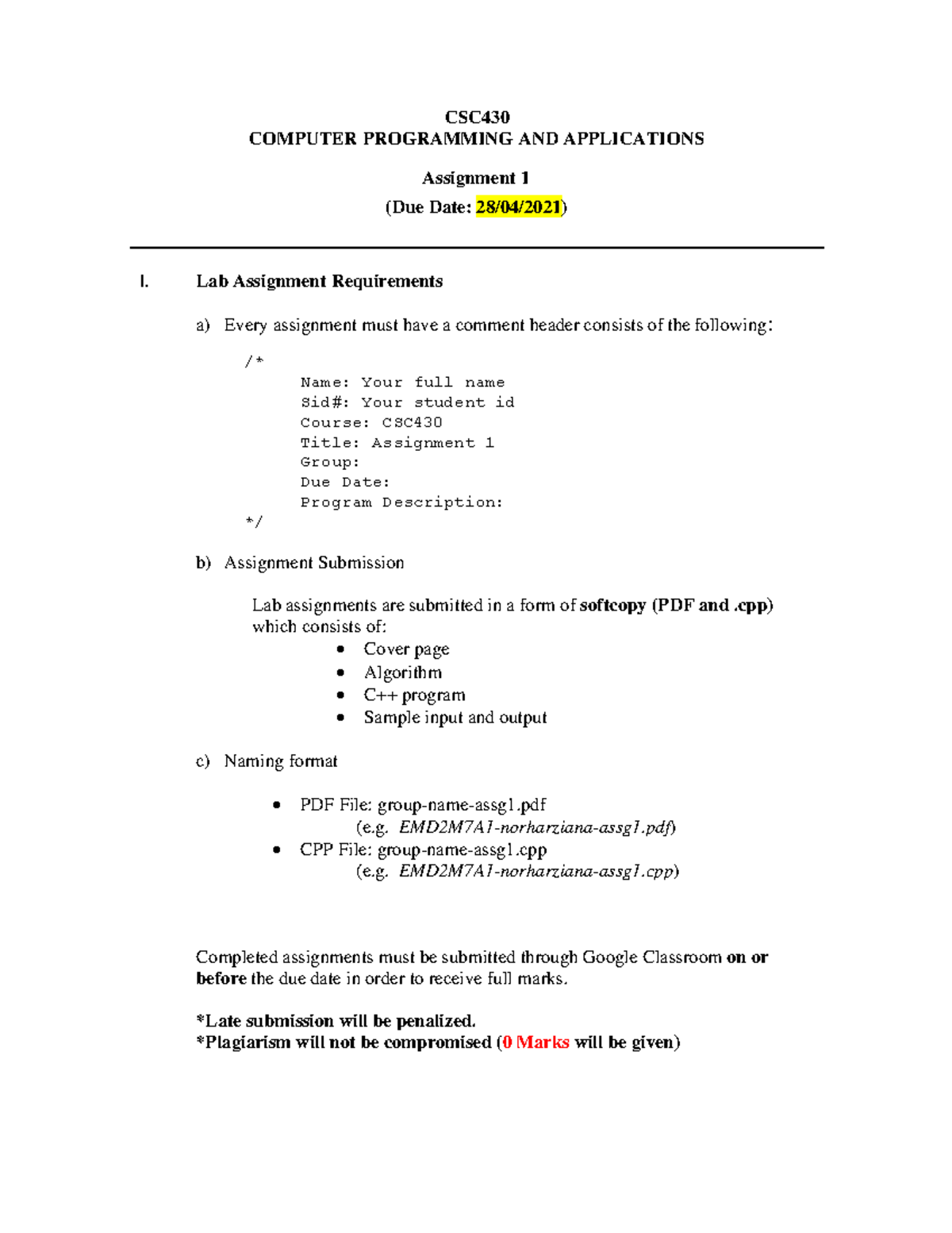 CSC430-Assignment 1 - CSC - CSC COMPUTER PROGRAMMING AND APPLICATIONS ...