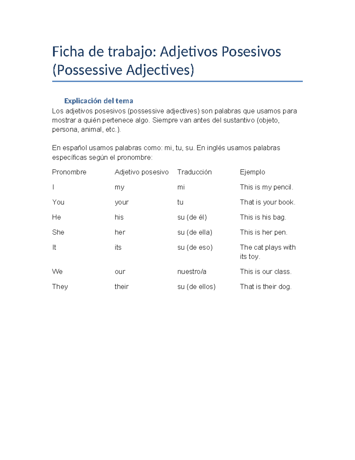 Ficha de trabajo: Adjetivos Posesivos (Possessive Adjectives) - Studocu