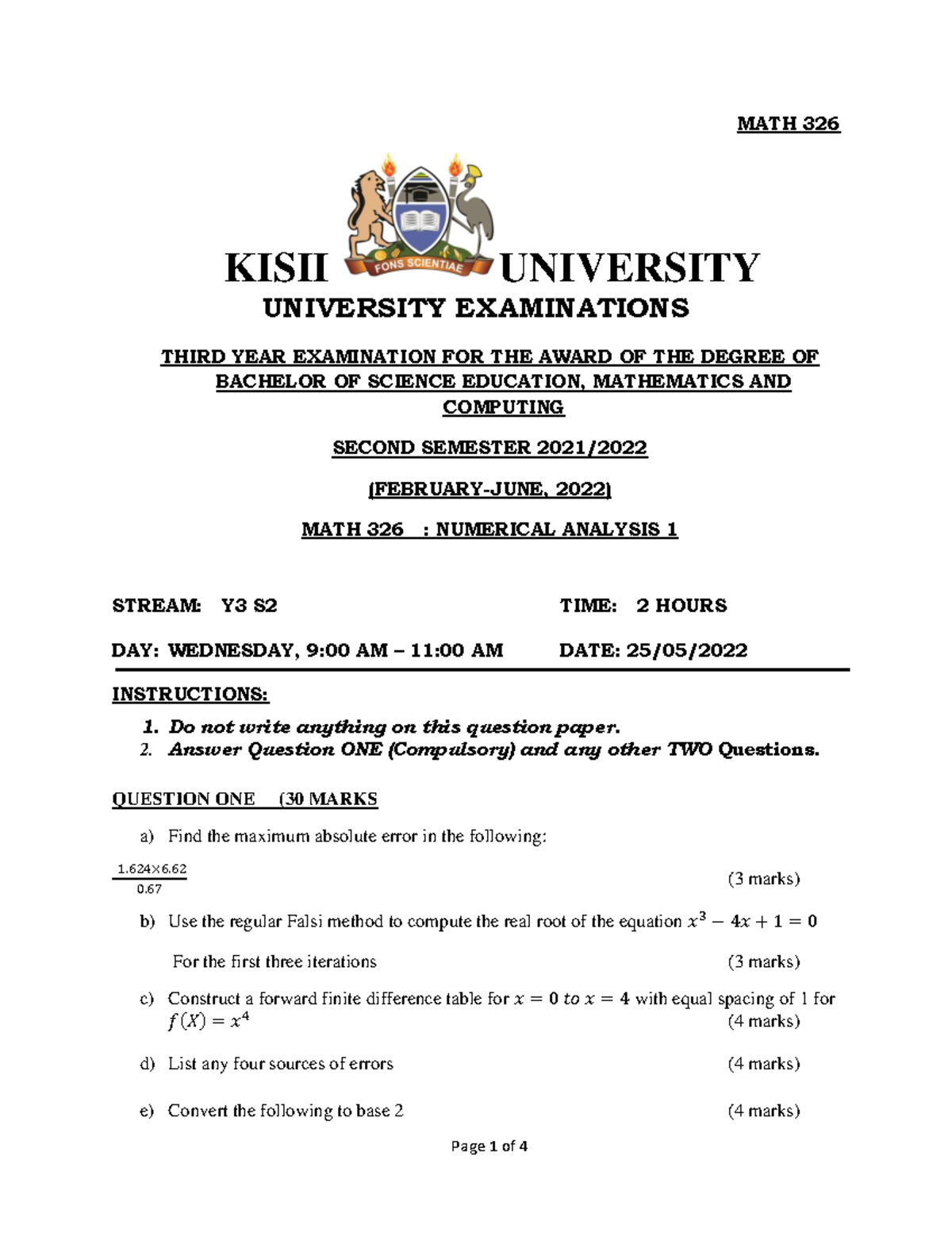 MATH 326 - Numerical Analysis Exam Questions for 3rd Year BSc Ed - Studocu