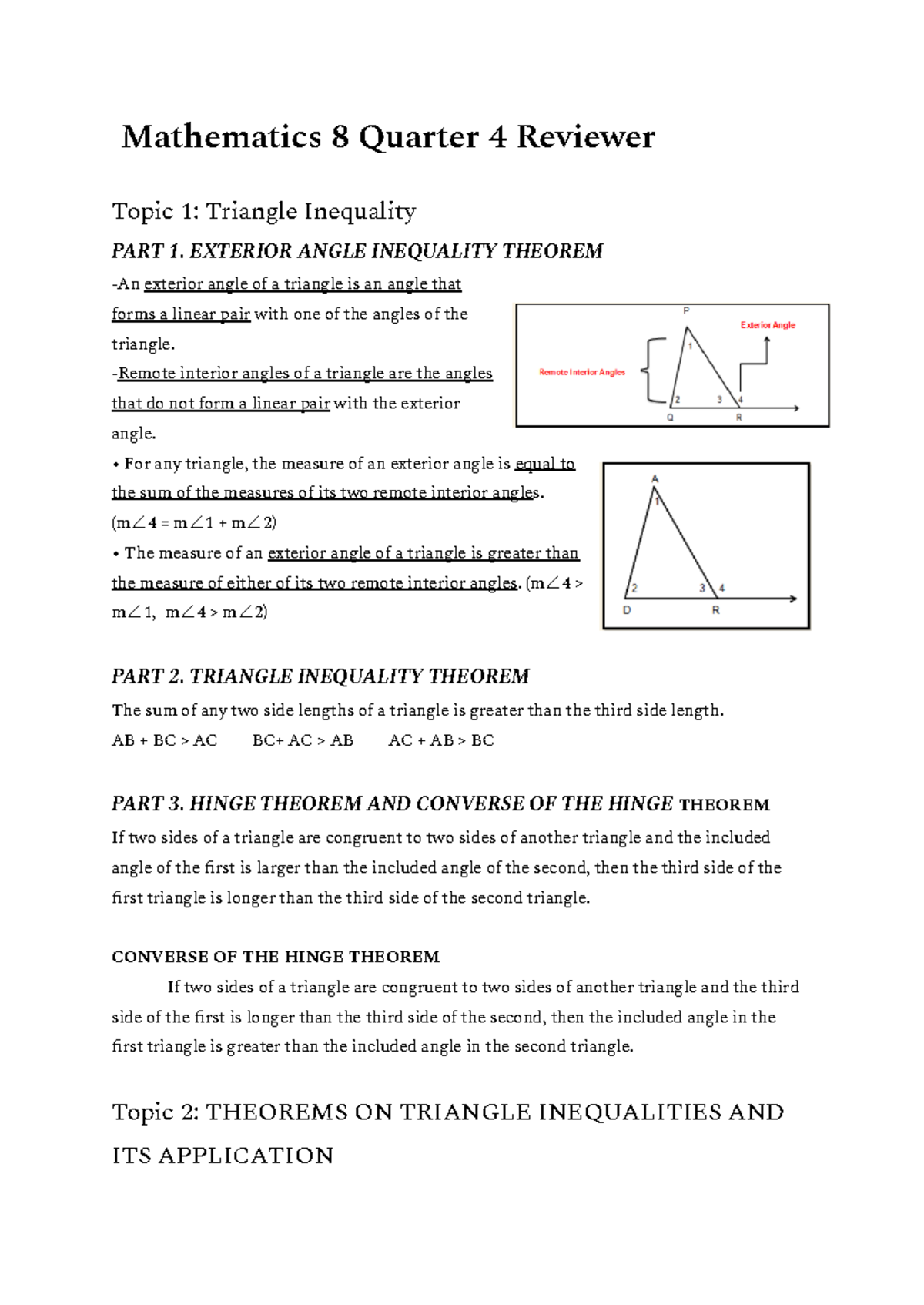 Mathematics 8 Q4 Comprehensive Reviewer and Theorems Overview - Studocu