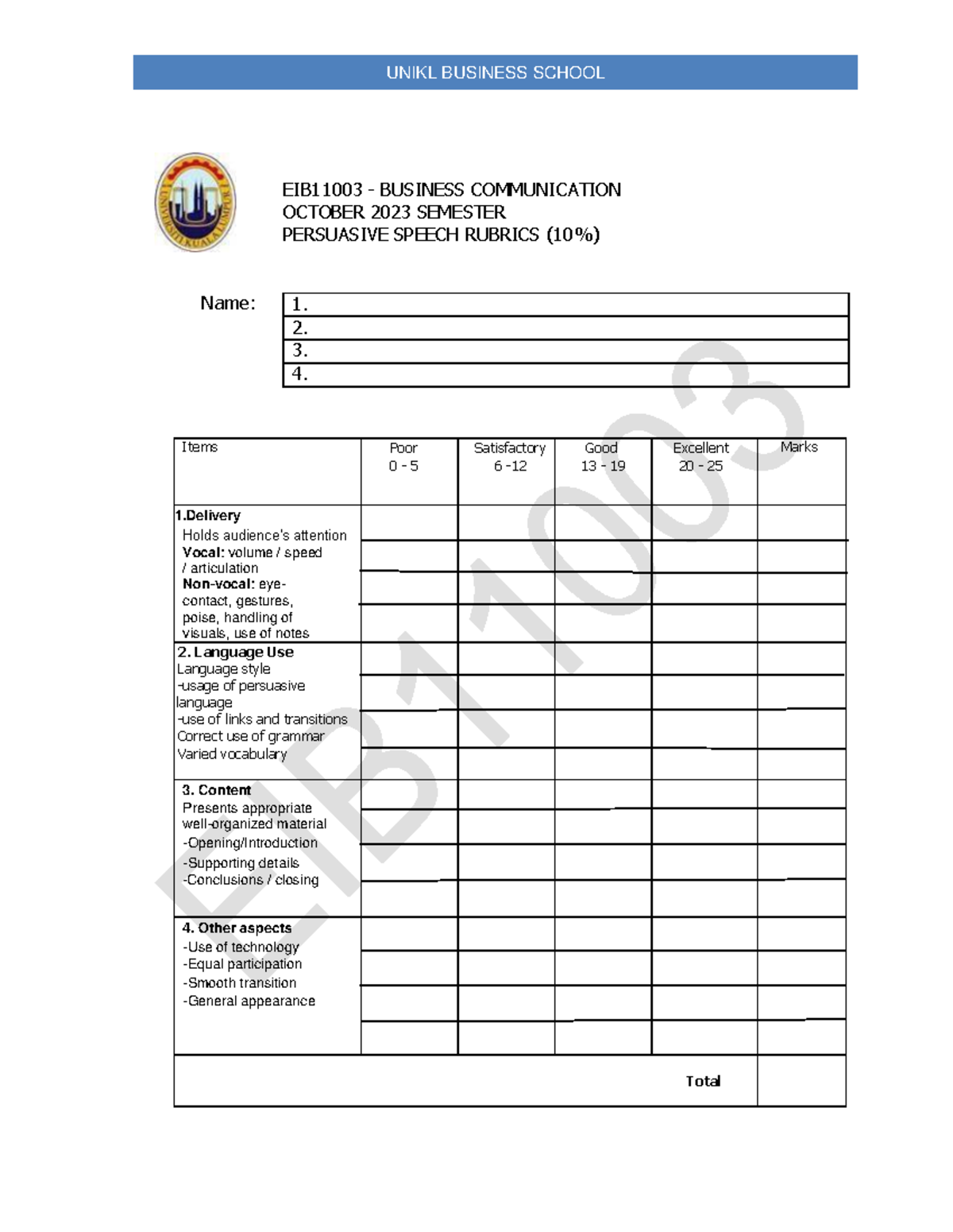 Presentation 1 Rubrics for Persuasive Speech - UNIKL BUSINESS SCHOOL ...