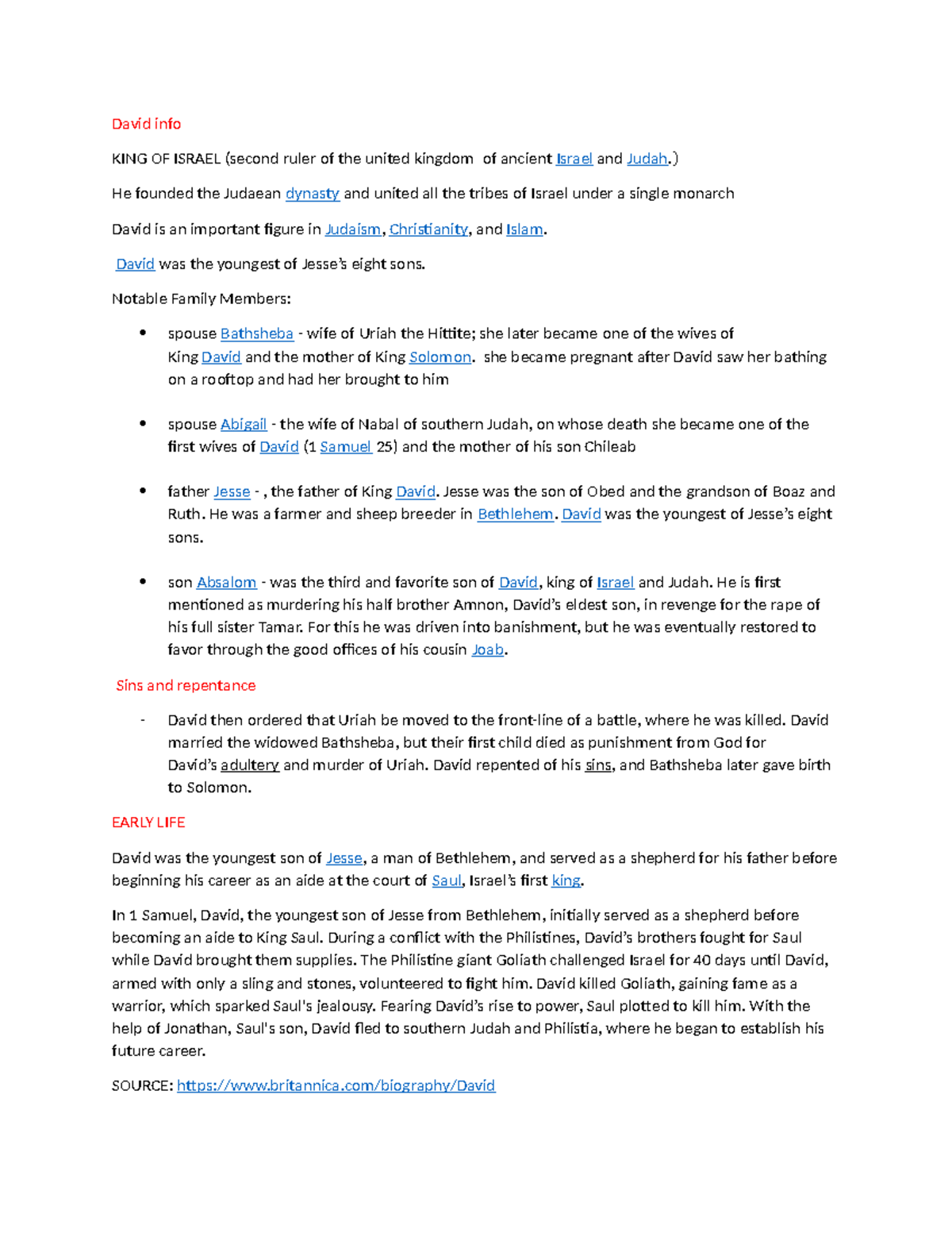 David - Summary KJV - Dickson's New Analytical Study Bible - David info ...