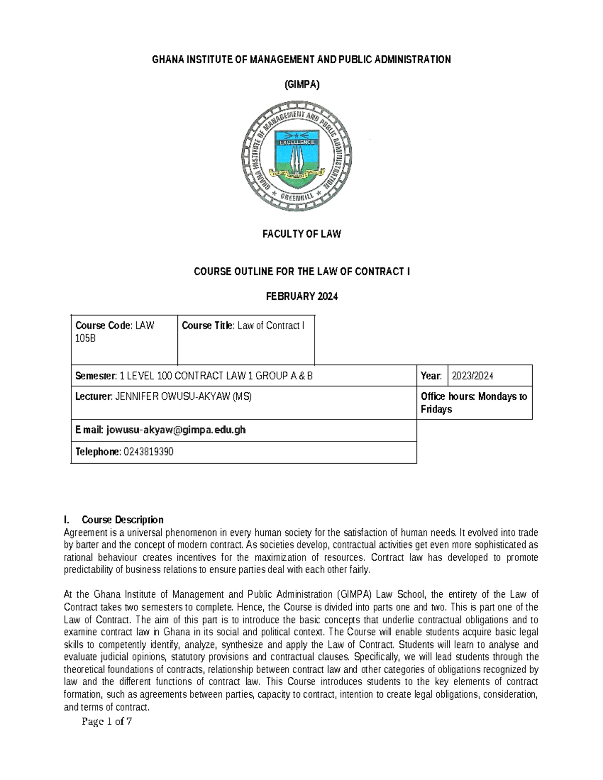 Course Outline for LAW 105B: Law of Contract I - Level 100 - Studocu