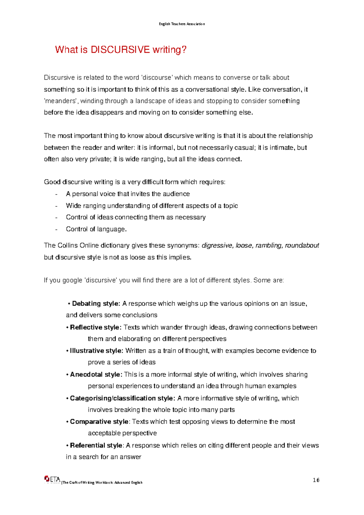 ENG 16: Understanding Discursive Writing Techniques and Styles - Studocu