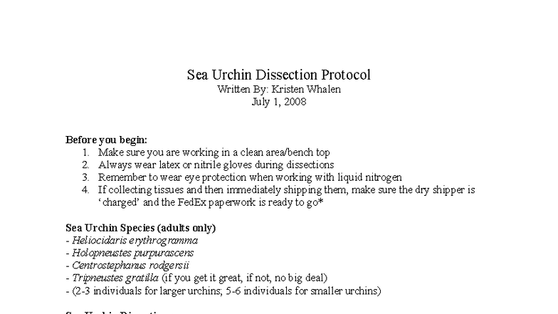 Sea Urchin Dissection Protocol (BIO 101) - Step-by-Step Guide - Studocu