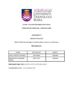 Field Report Outline Sample A LCC 402 - LCC402 ENGLISH FOR ORAL ...
