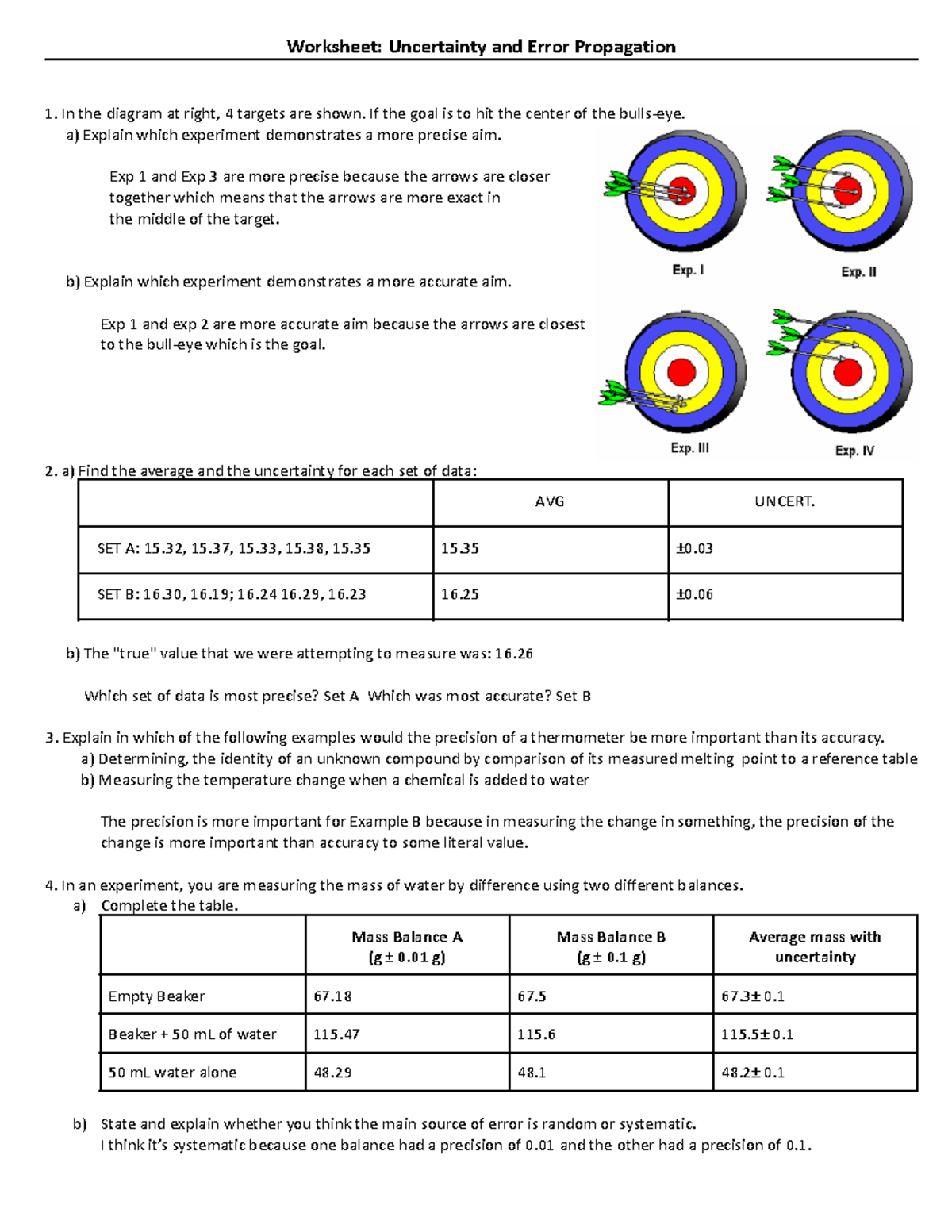 LB11 Worksheet on Uncertainty and Error Propagation Analysis - Studocu