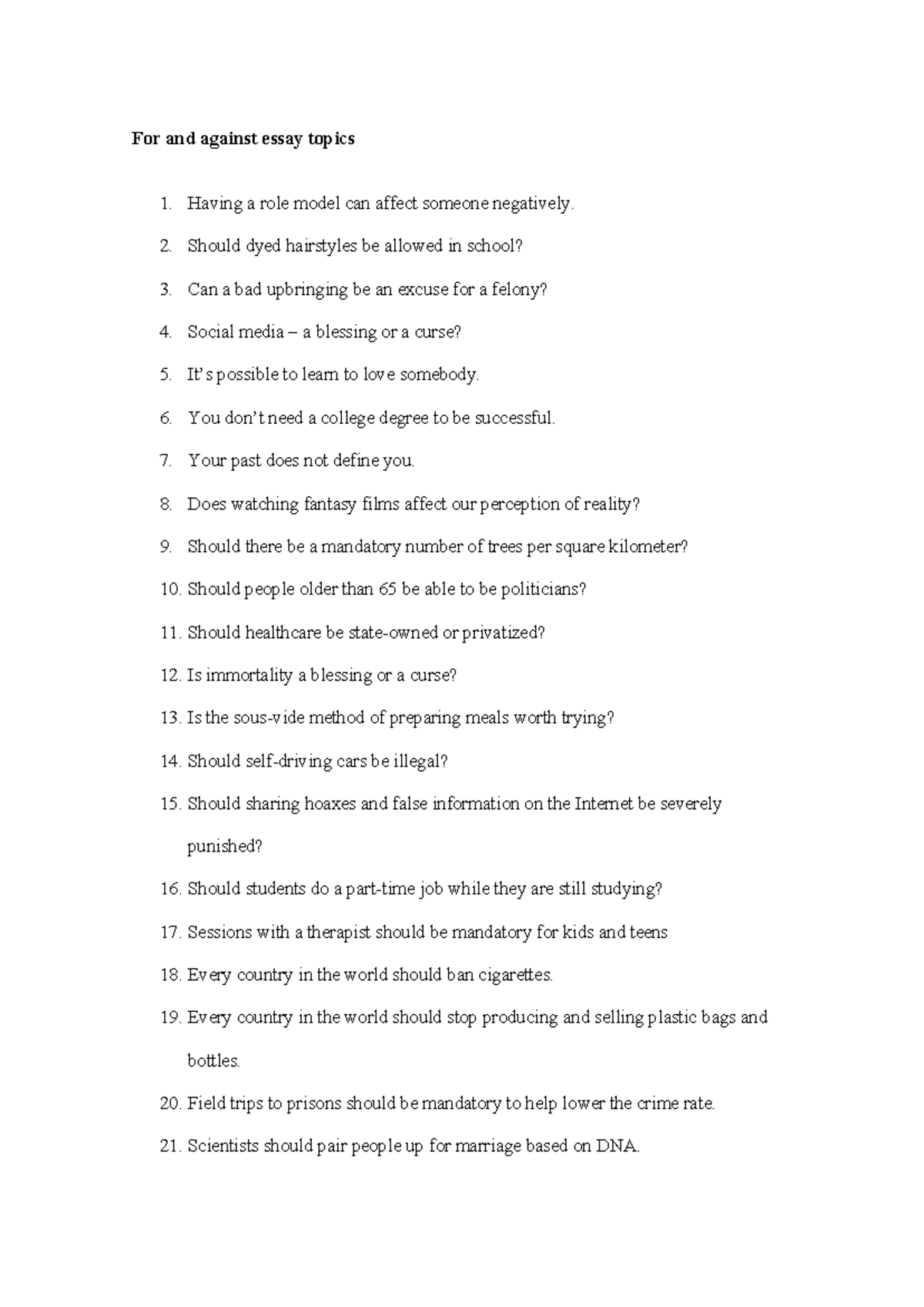 For and Against Essay Topics: Debating Key Issues - Studocu