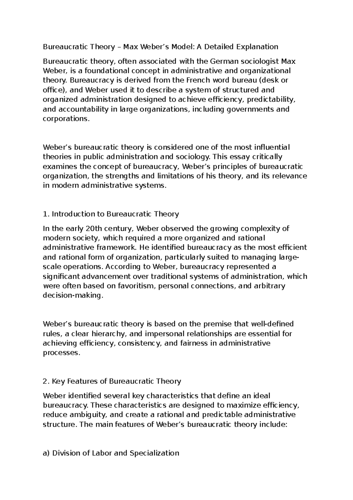 Bureaucratic Theory Explained: Insights from Max Weber's Model - Studocu