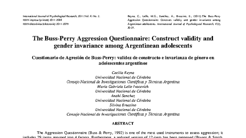 The Aggression Questionnaire: Validity & Gender Invariance in ...