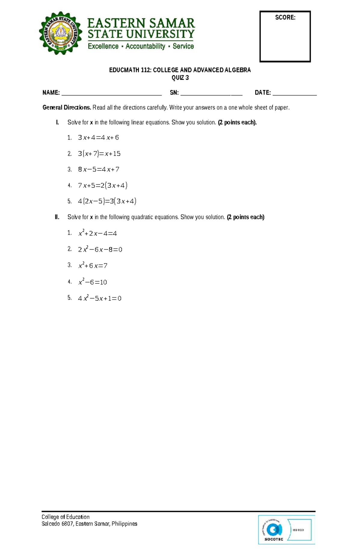 Educmath 112: College & Advanced Algebra Quiz 3 Solutions - Studocu