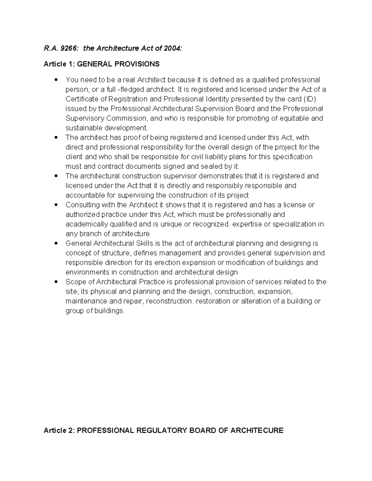 R.A. 9266: Architecture Act of 2004 - General Provisions Overview - Studocu