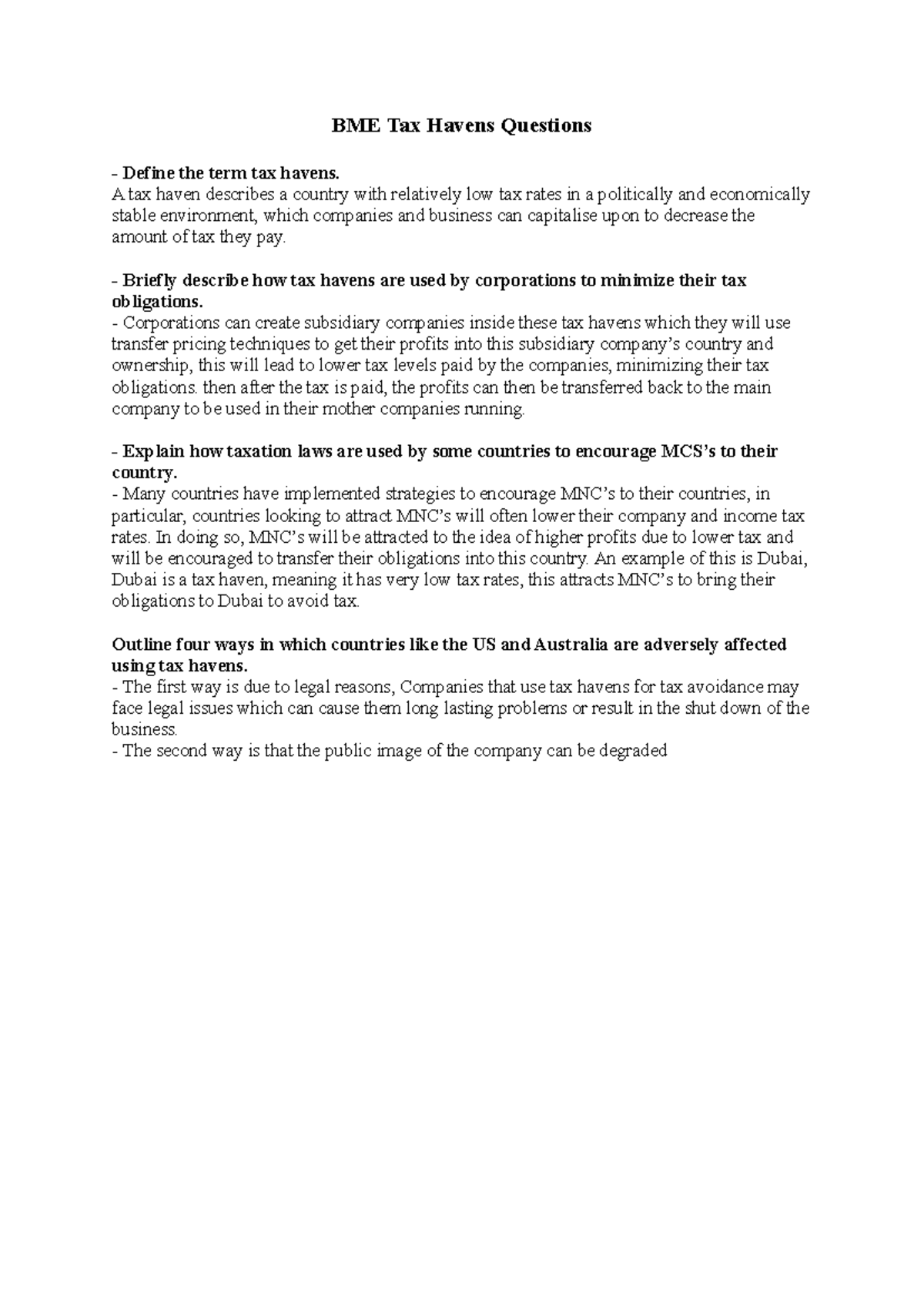 BME Tax Havens: Impacts, Uses, and Legal Implications - Studocu