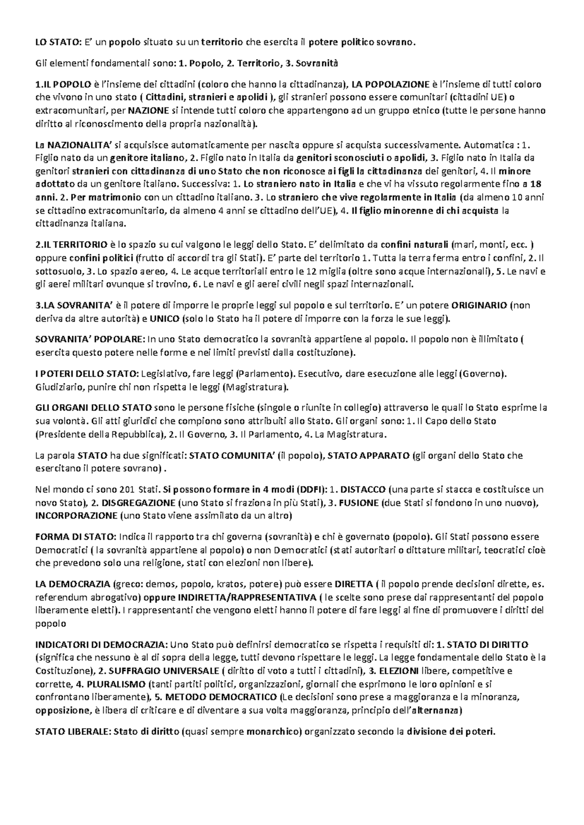 LO STATO: Analisi dei Fondamenti, Elementi e Forme di Governance - Studocu