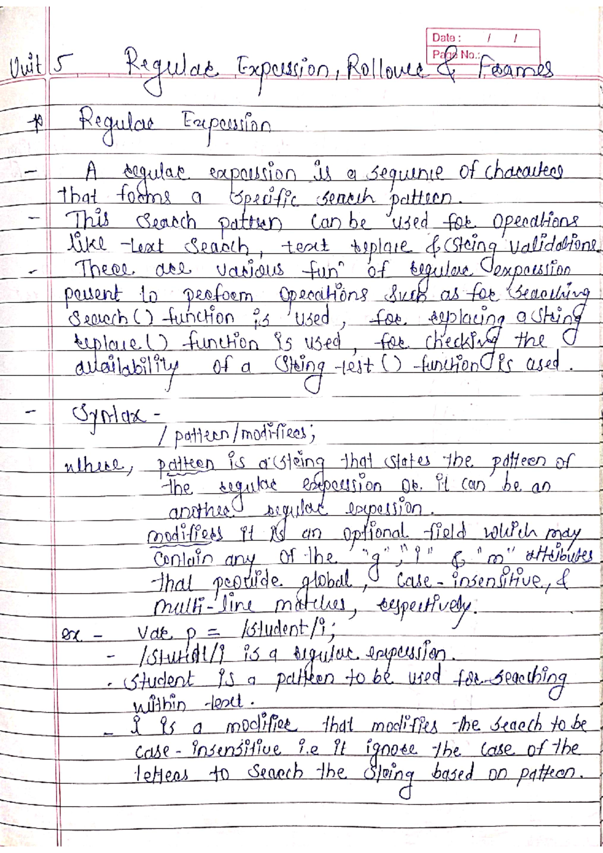 Css Unit 5 Css Notes Date Unit 5 Regular Expession Rollouce 5161