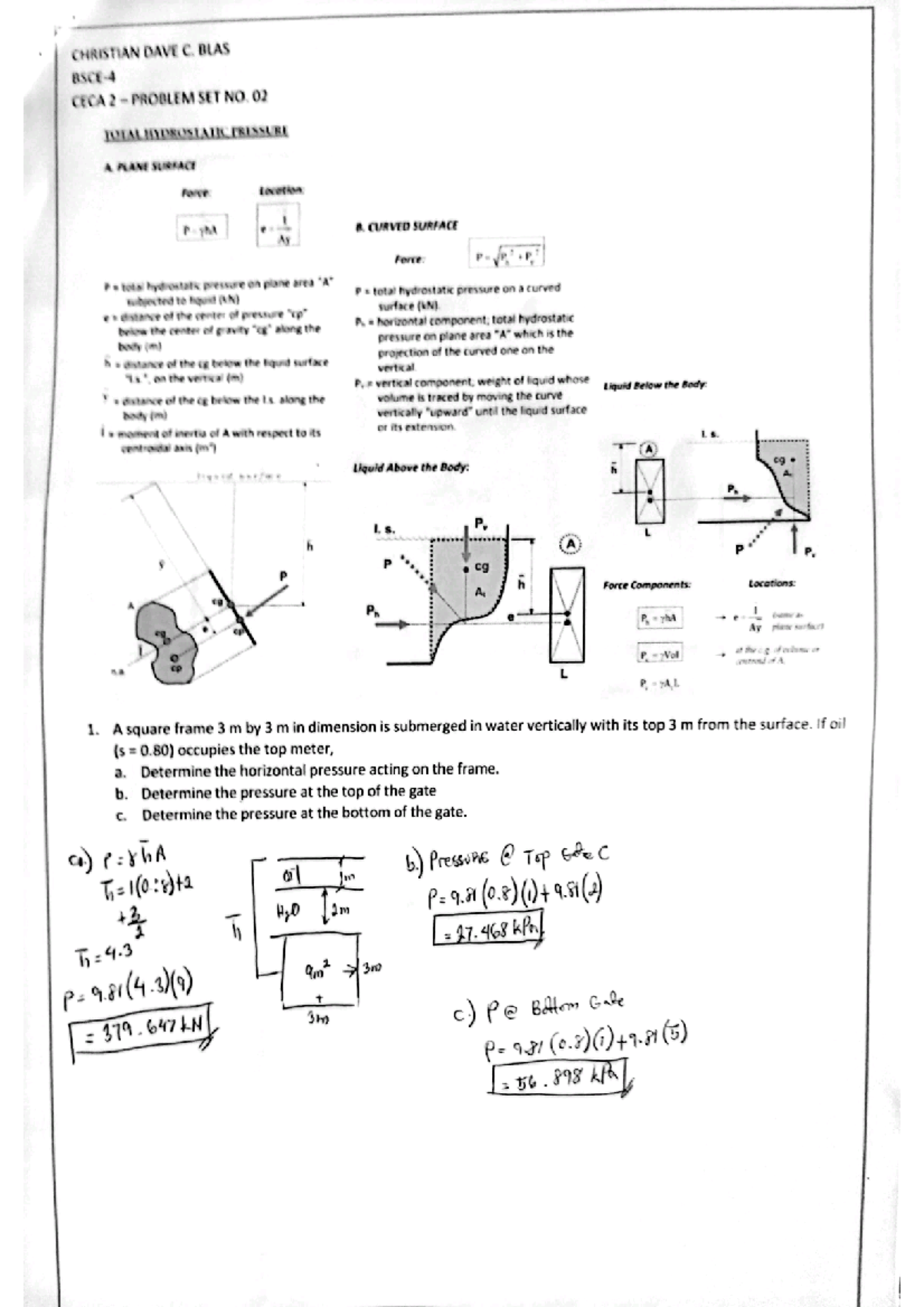 Hydraulics 1 - Practice Problems - CHRISTIAN DAVE c. BLAS CECA 2 PROBLEM SET NO. 02 TOTAL - Studocu