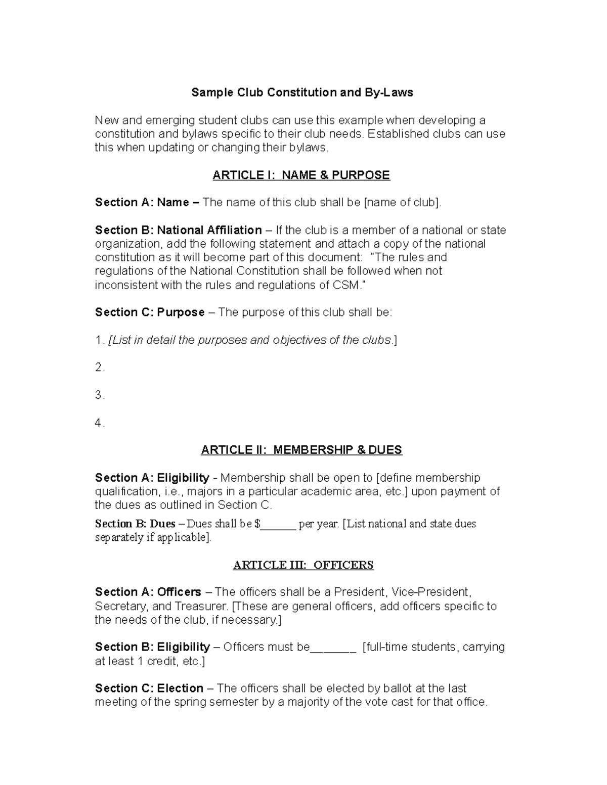 CSM Sample Club Constitution & Bylaws Guidelines Document - Studocu