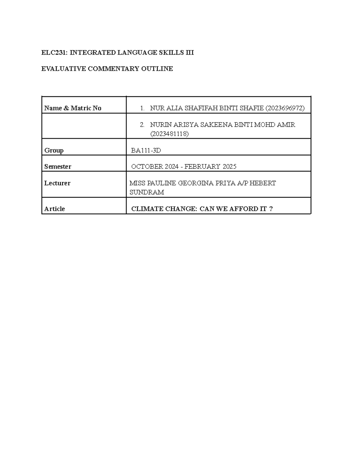 ELC231 Integrated Language Skills III - ELC231: INTEGRATED LANGUAGE ...