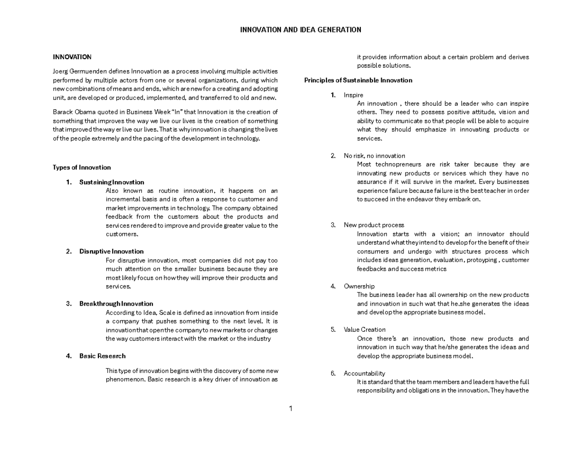Techno 101 Innovation and Idea Generation Prelim Notes 2 - INNOVATION ...