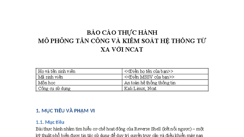 BÁO CÁO THỰC HÀNH NCAT: KỸ THUẬT REVERSE SHELL TRONG AN TOÀN THÔNG TIN ...