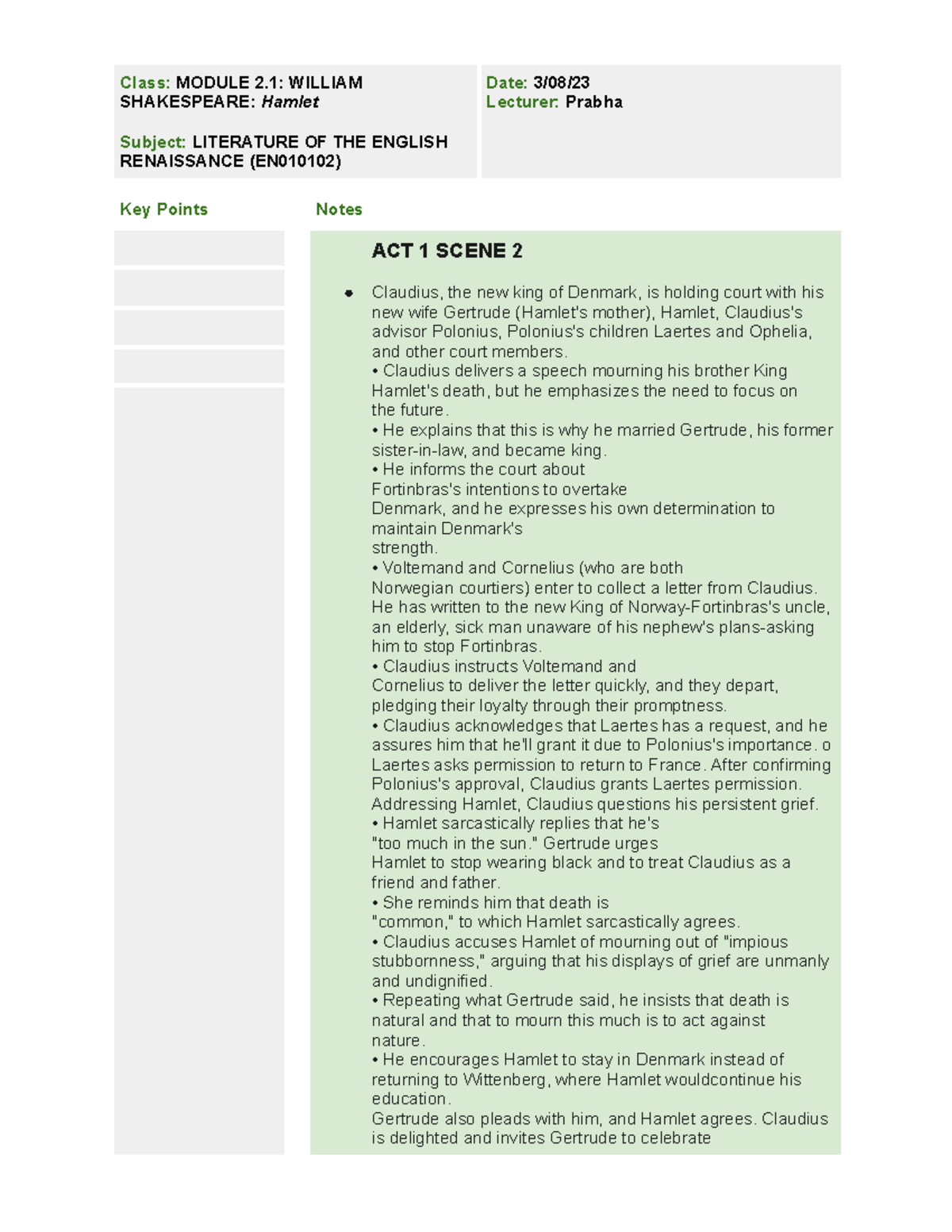 Hamlet Act 1 Scene 2 Notes - Analysis of Claudius's Court - Studocu