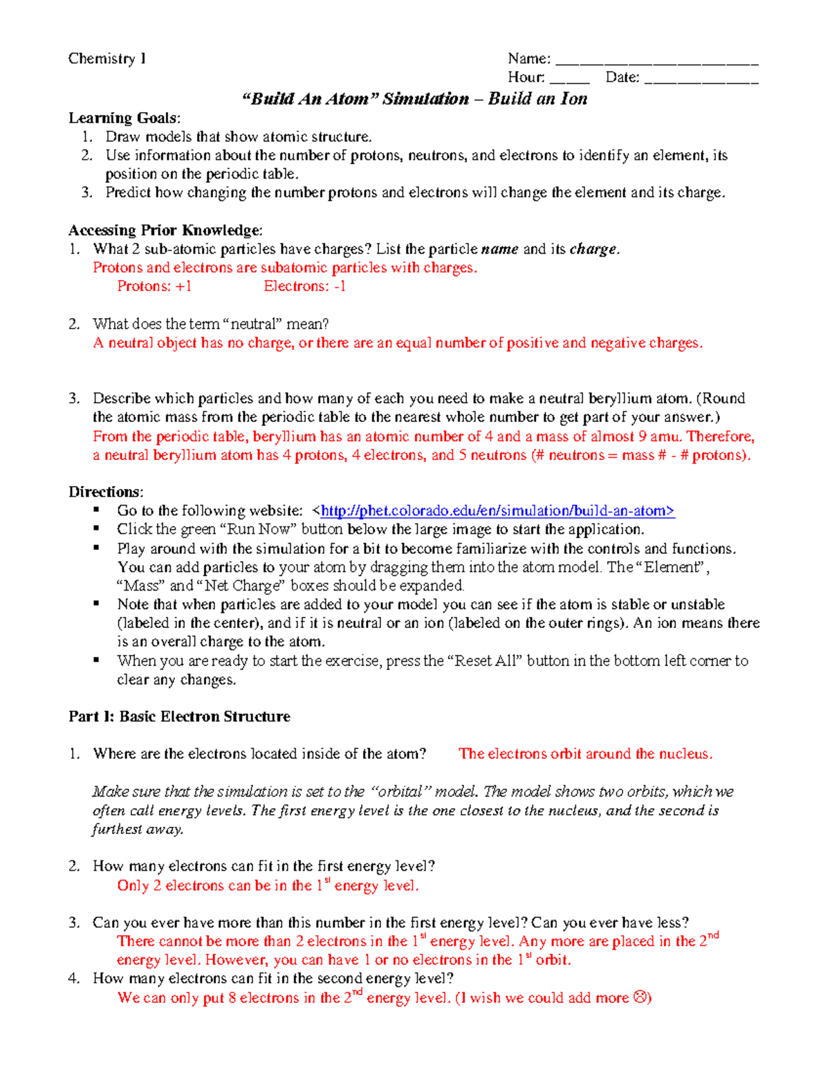 Chemistry I: Building Atoms Simulation Guide and Answer Key - Studocu