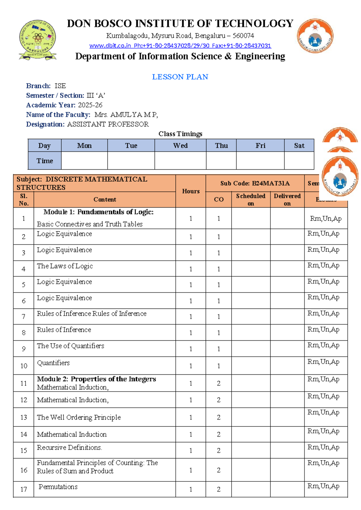 3rd Sem DMS Lesson Plan - Discrete Mathematical Structures - Studocu