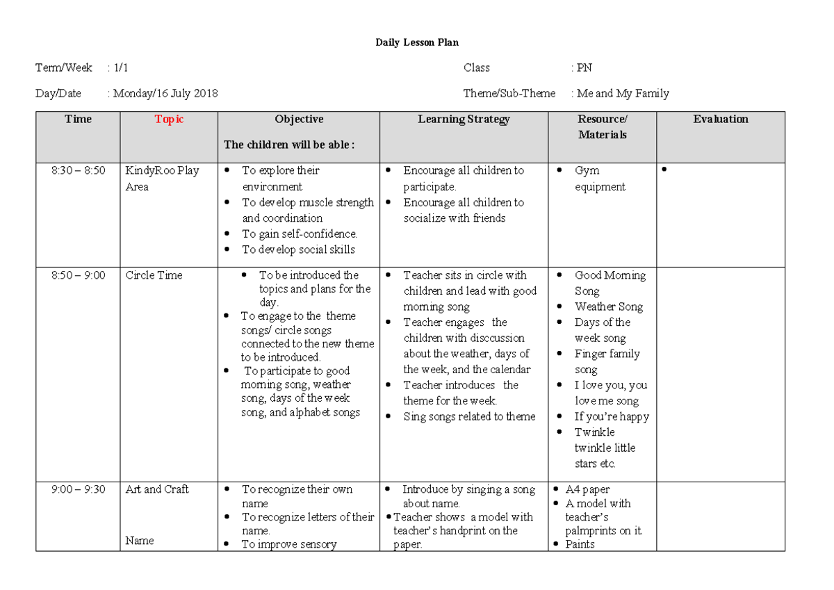 Daily Lesson Plan: PN Class - July 2018 - Me and My Family Activities ...