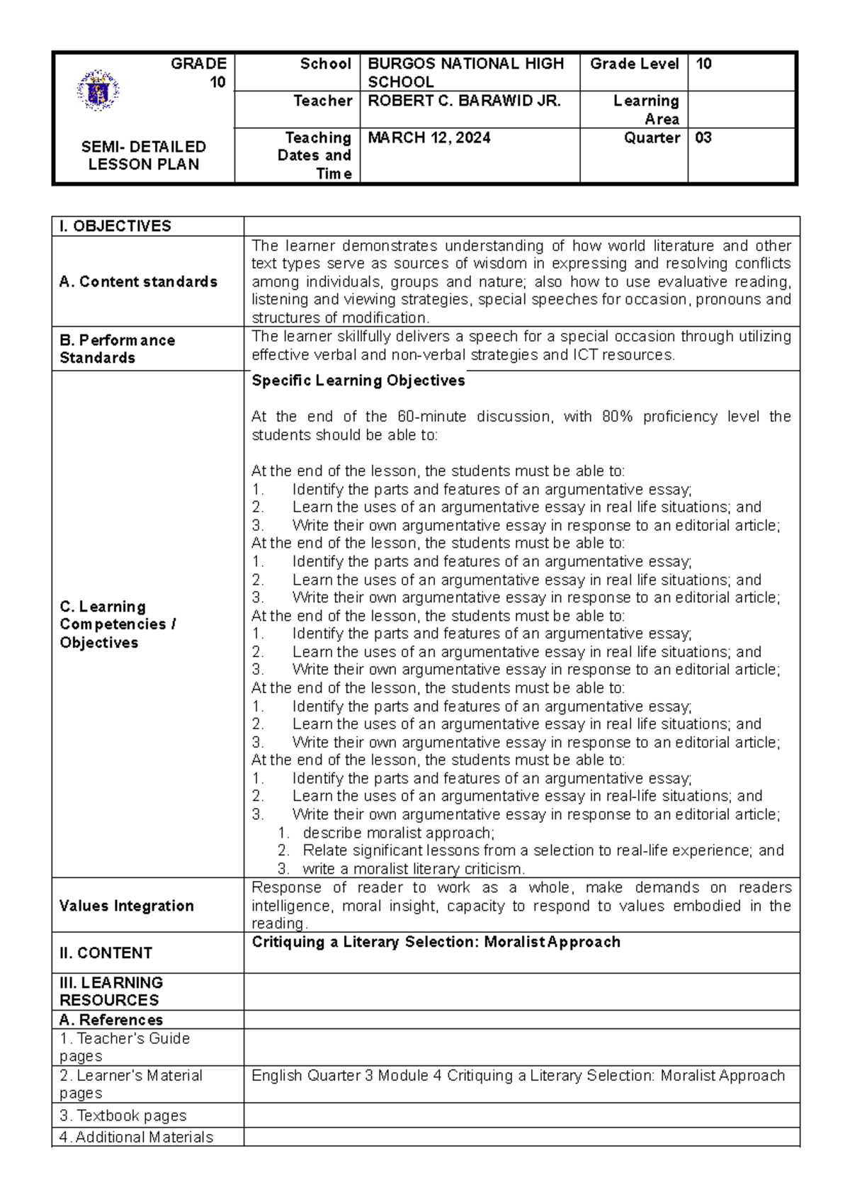 Grade 10 Semi-Detailed Lesson Plan: Argumentative Essay (March 12 ...