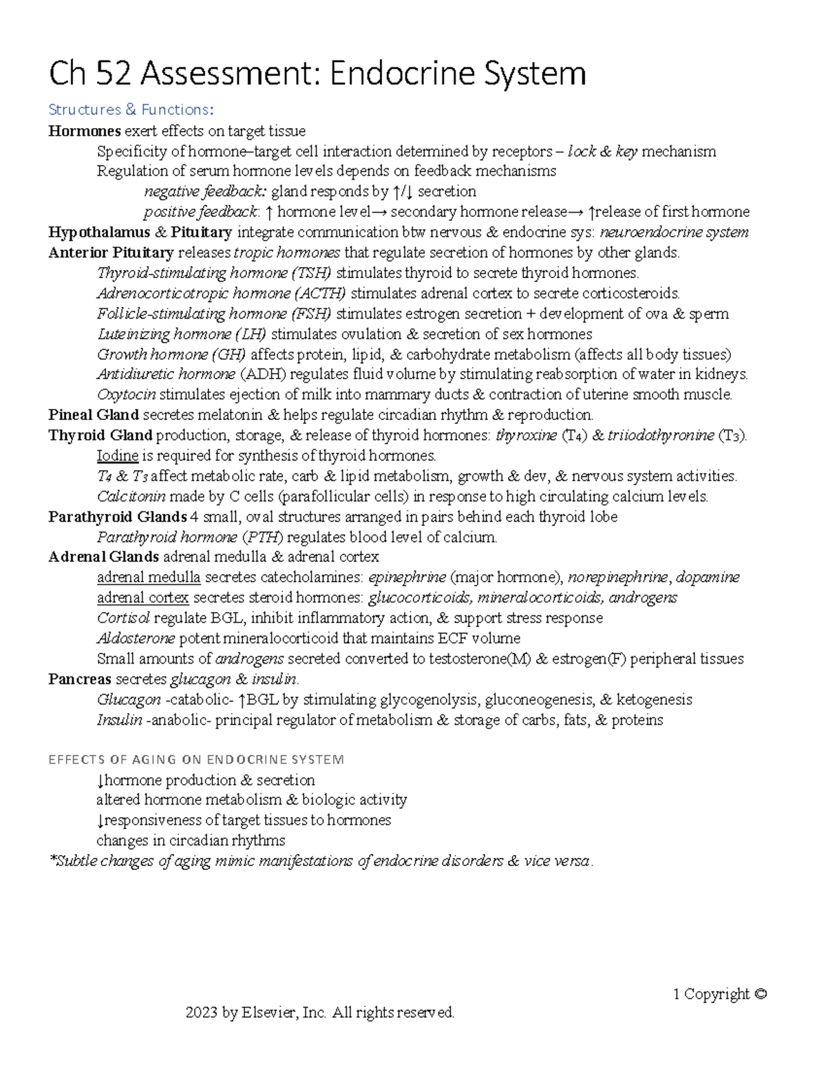 Ch 52 Endocrine System Assessment: Hormones & Their Functions - Studocu