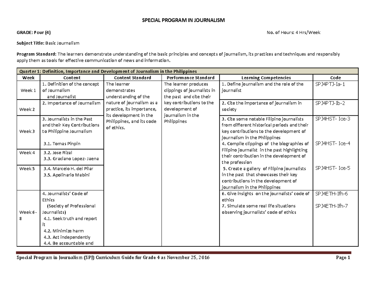SPJ Eng 4 - Basic Journalism Curriculum Guide for Grade 4 - Studocu