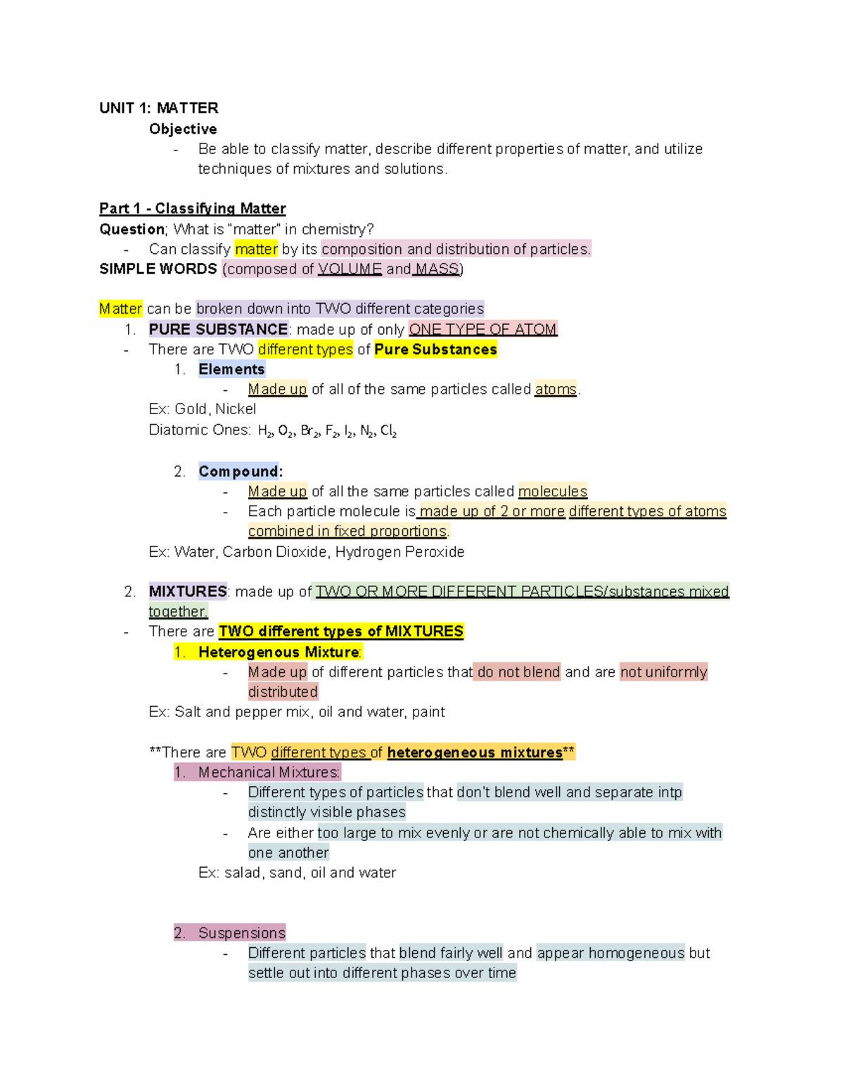 Unit 1: Properties of Matter and Mixture Classification Notes - Studocu