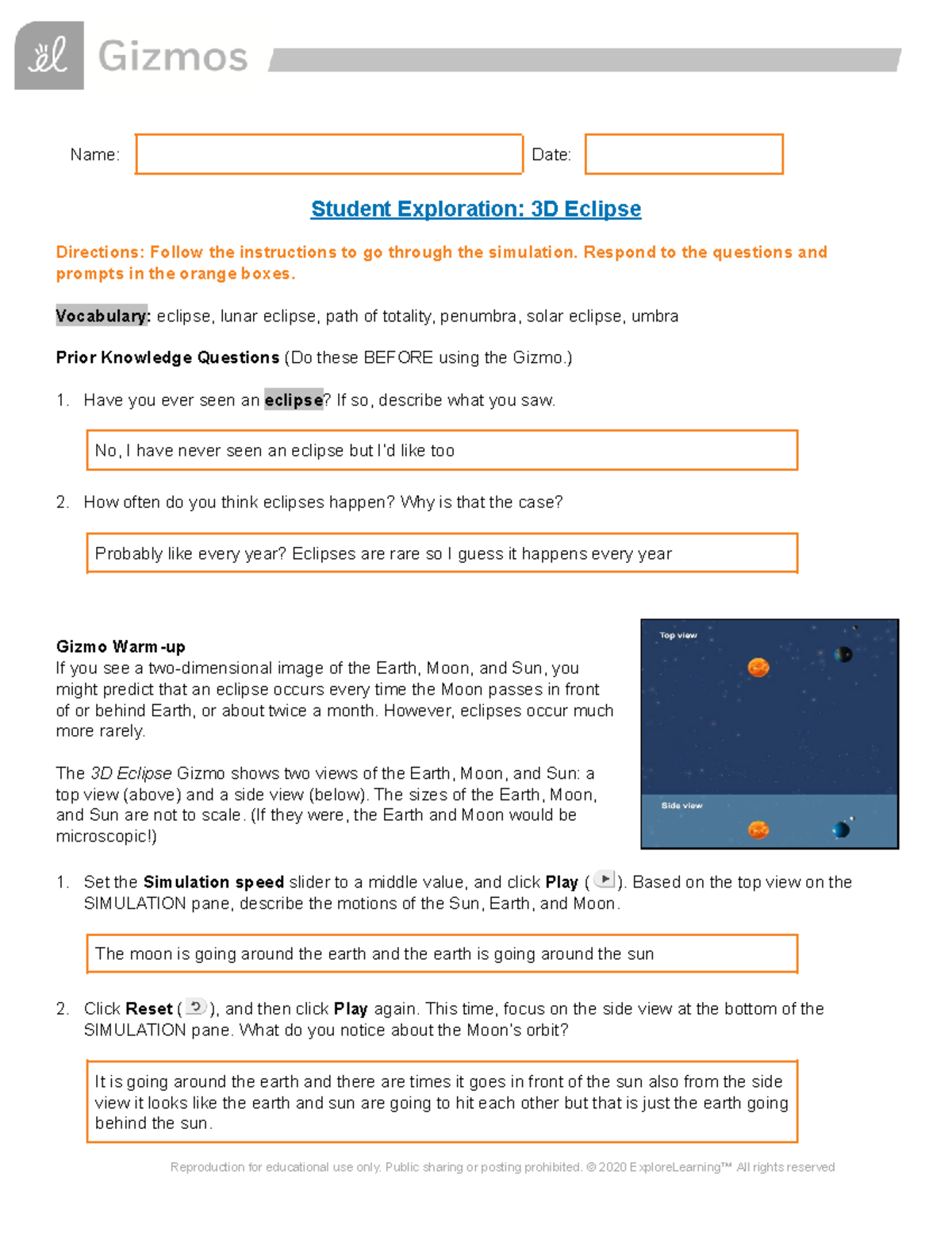 Eclipse Gizmo Assignment SE-Earth Science Gizmo - Name: Date: Student ...