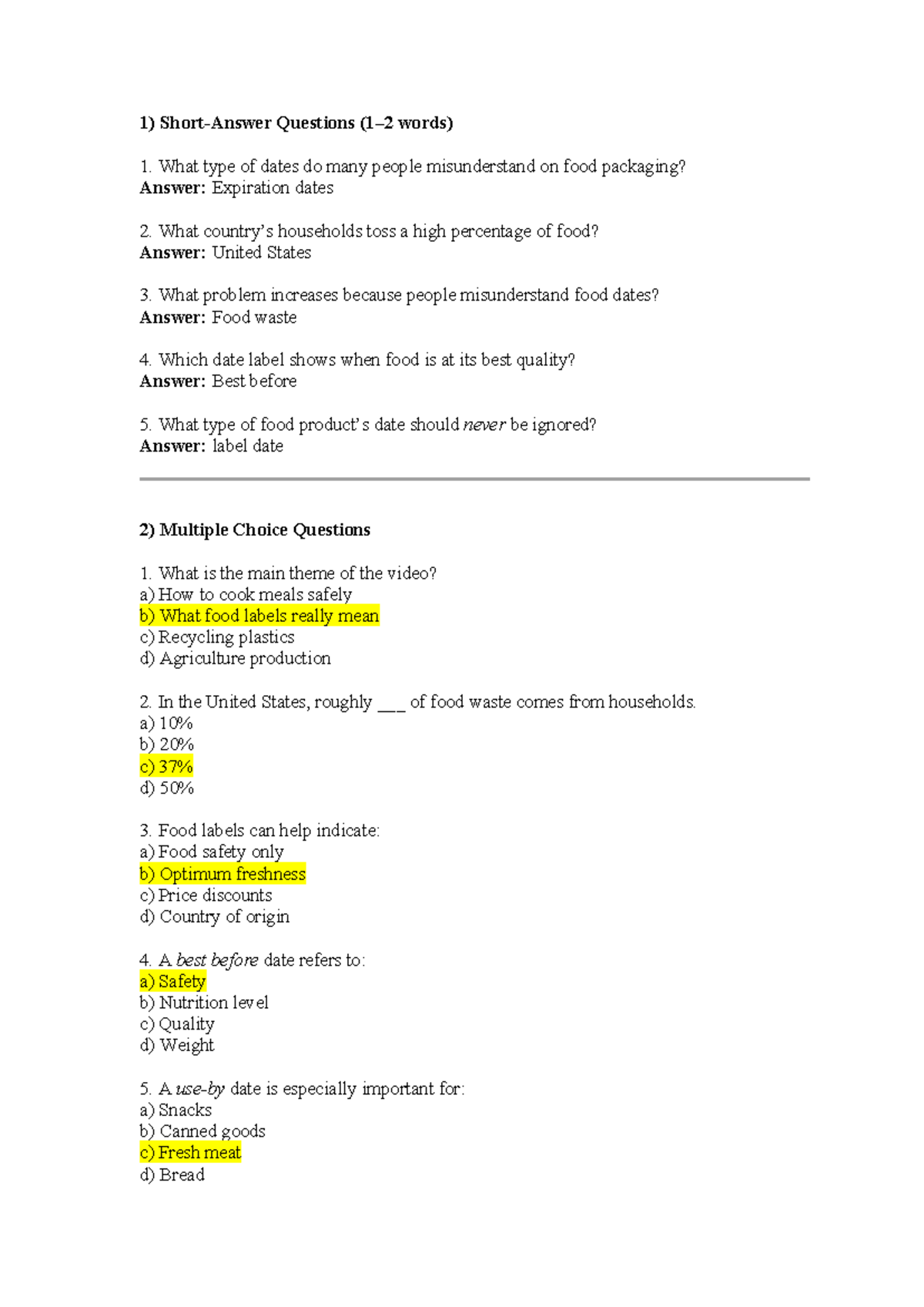 Listening Questions on Food Labels and Waste Management - Studocu