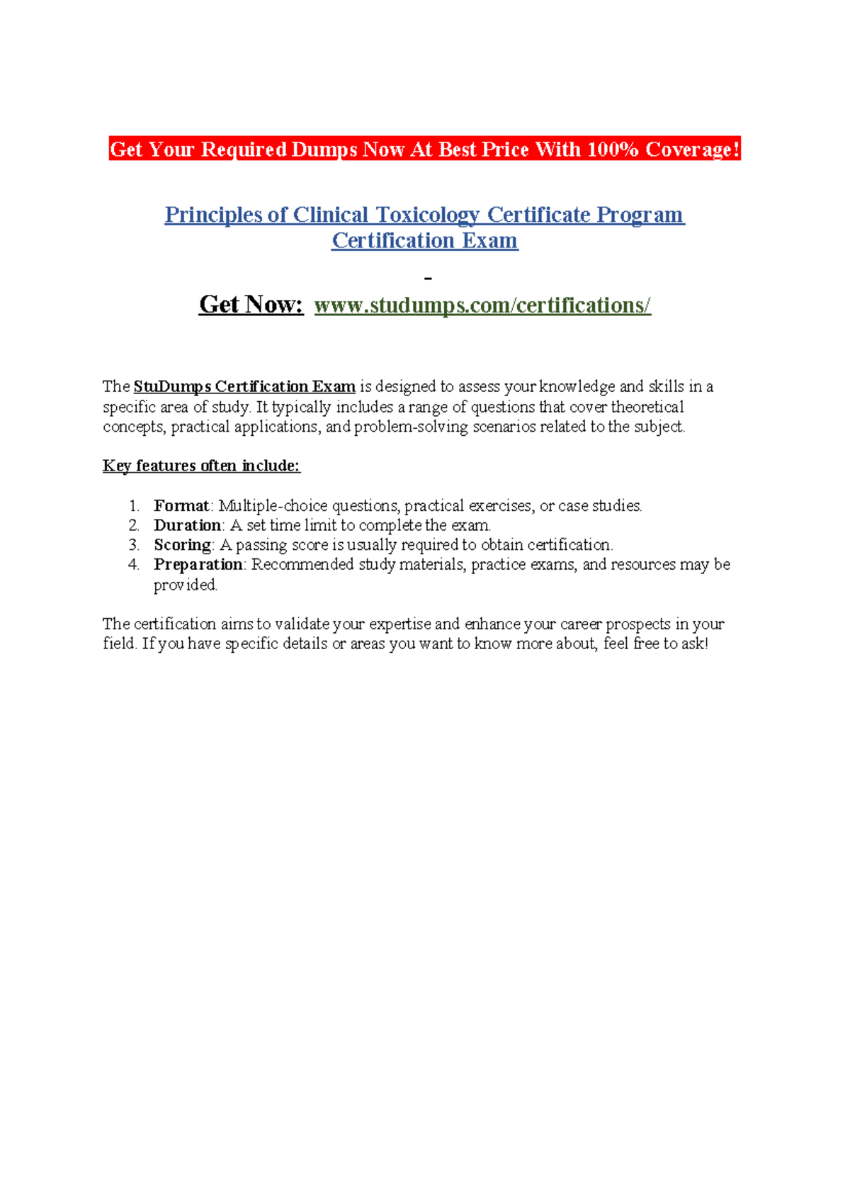 Principles of Clinical Toxicology Certificate Program Certification ...