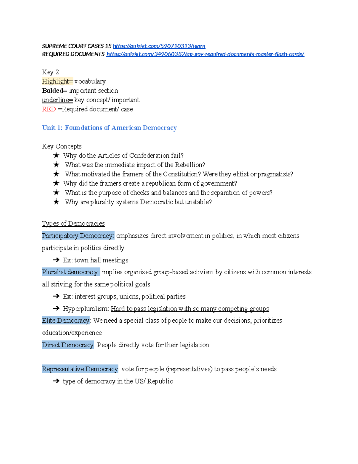 AP Government Unit 1 & 2 Study Guide: Foundations & Branches of Gov ...