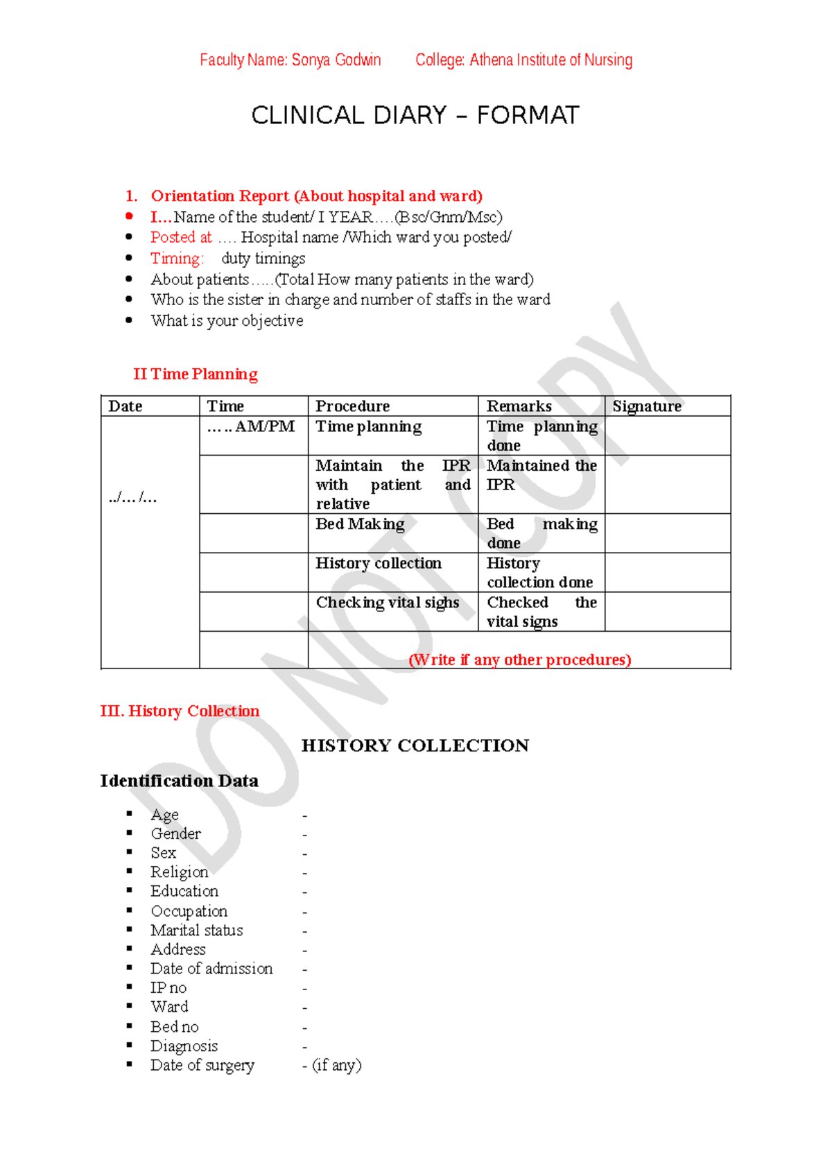 Clinical Diary Format for Nursing Students - CLINICAL DIARY - Athena ...