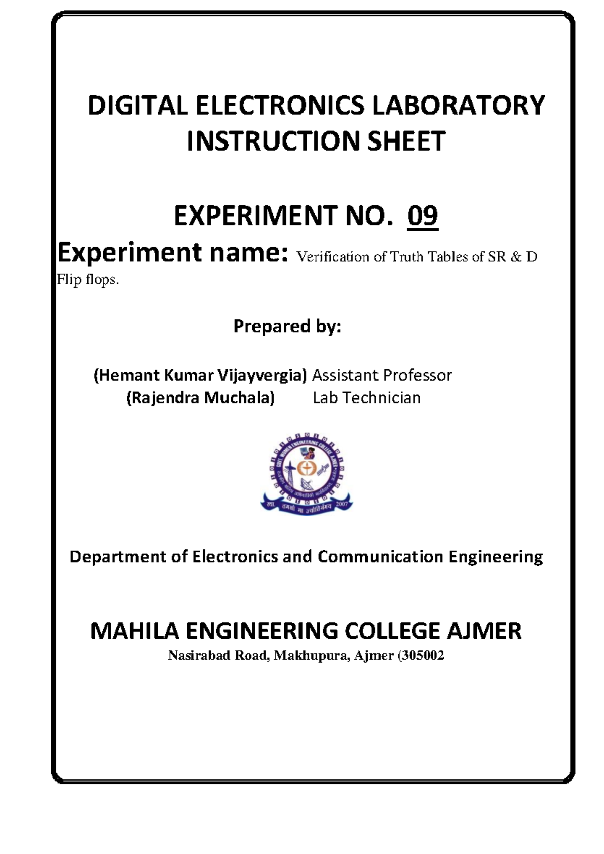 Ex-09: Verification of Truth Tables for SR & D Flip Flops Lab Guide ...