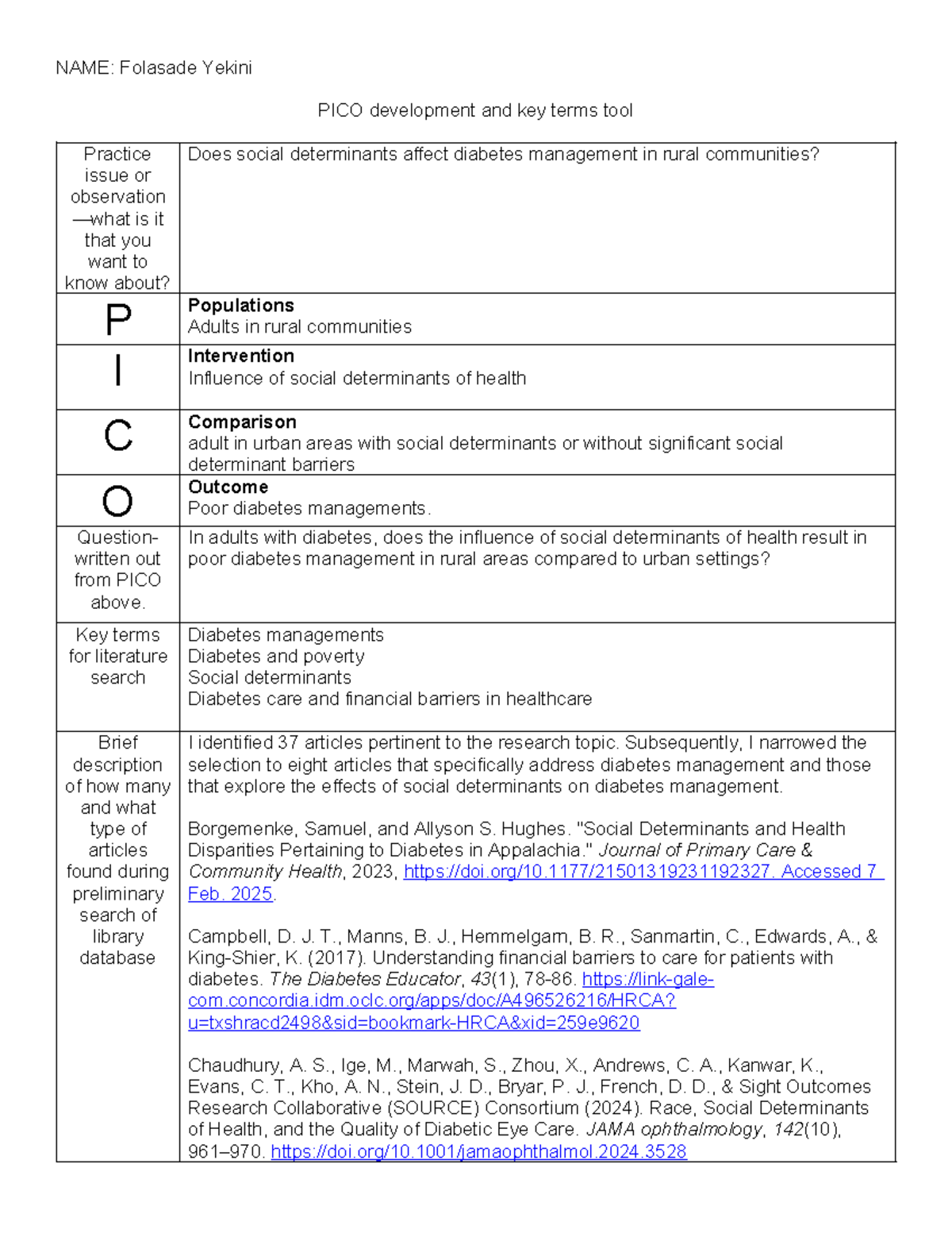 PICO Question Worksheet - NAME: Folasade Yekini PICO development and ...