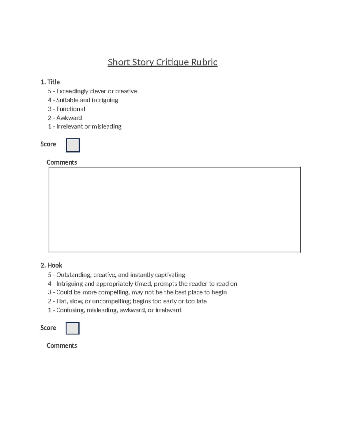 Short Story Critique Rubric Template for Evaluation - Studocu