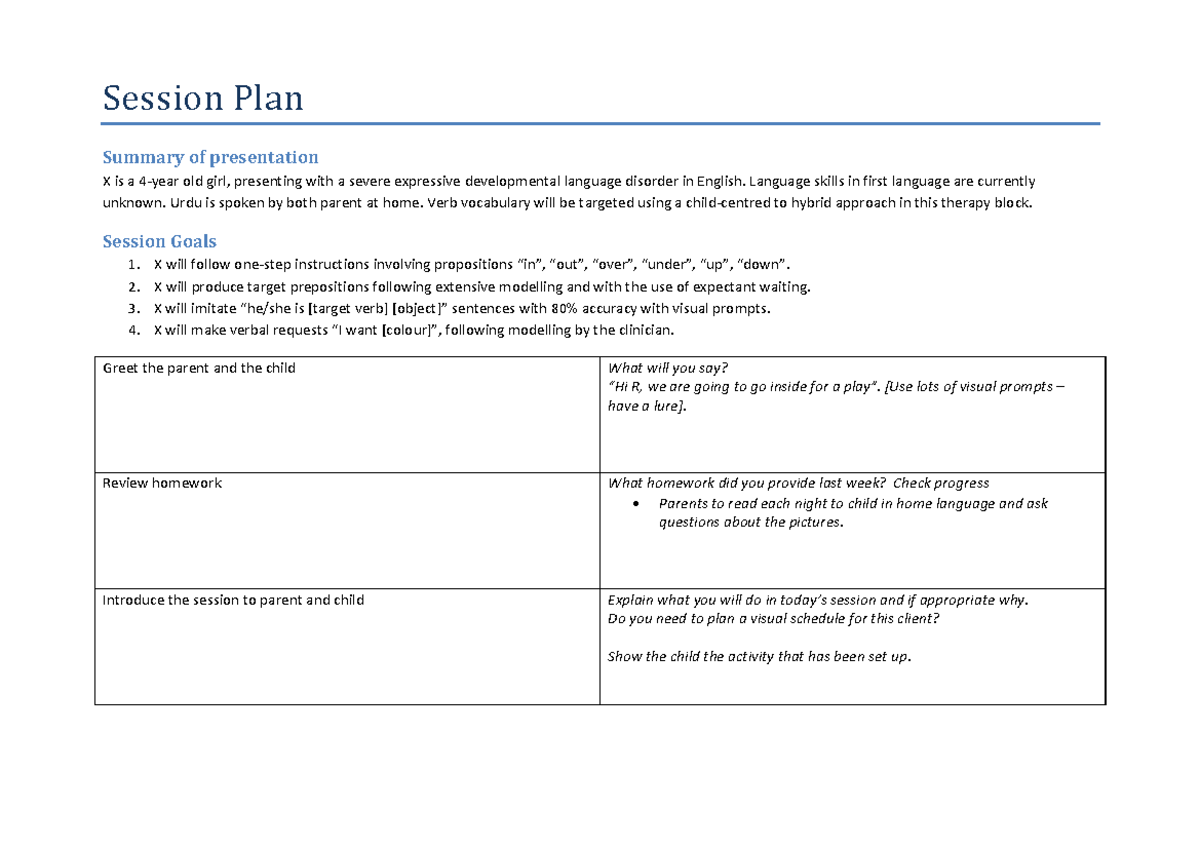 Session Plan for 4-Year-Old with Expressive Language Disorder (Therapy ...