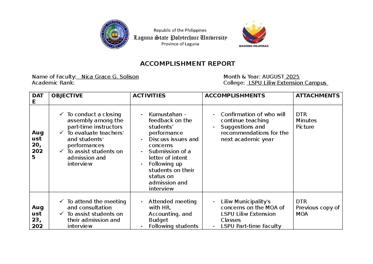 ACCOMPLISHMENT REPORT: LSPU Faculty Activities - Aug 2025 - Studocu