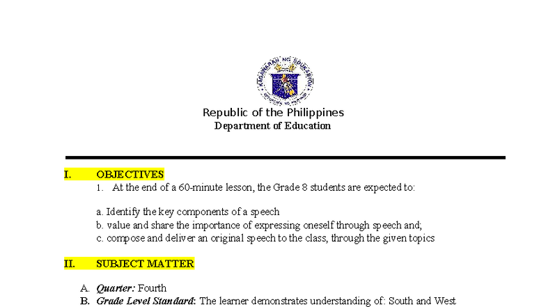 Grade 8 Lesson Plan: Delivering a Speech and Its Components - Studocu