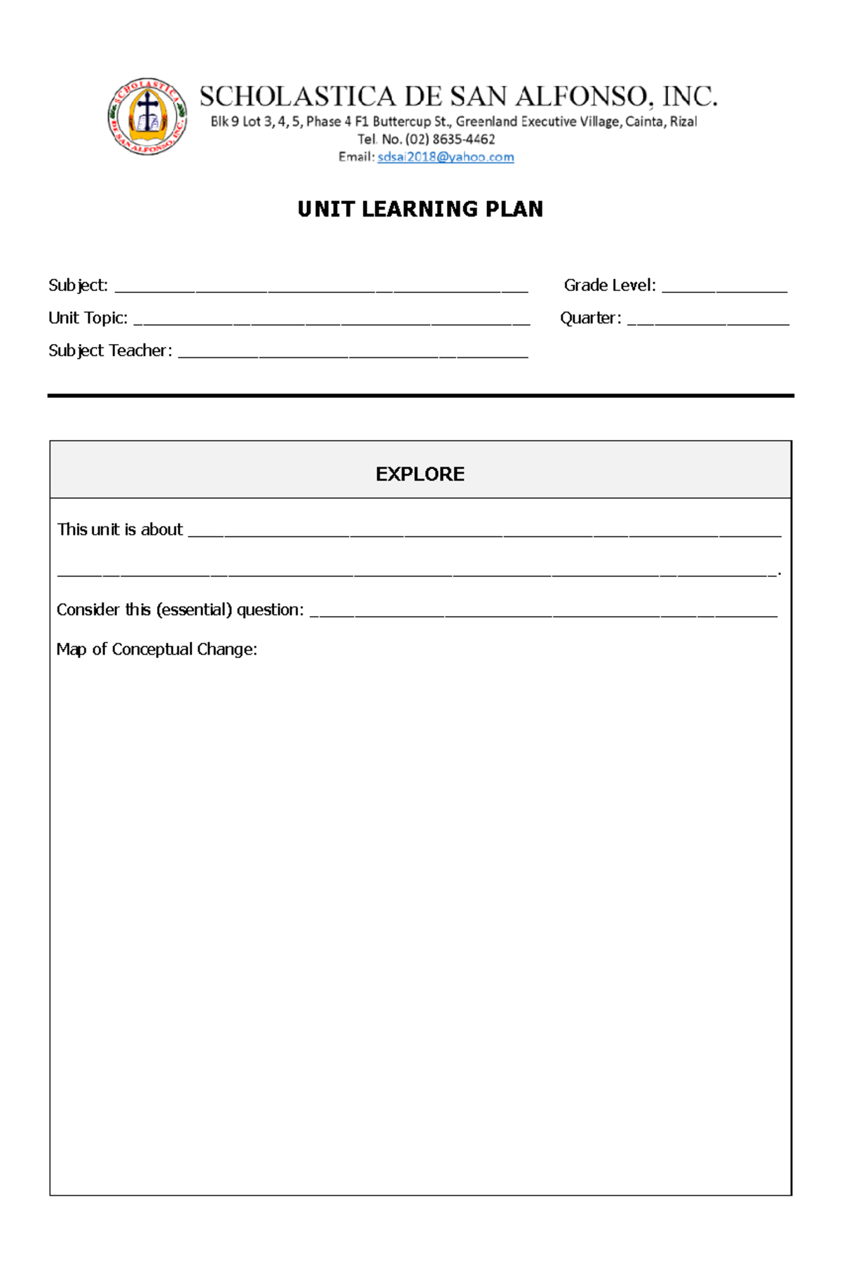 Learning Plan Template for Unit Exploration (Grade Level) - Studocu