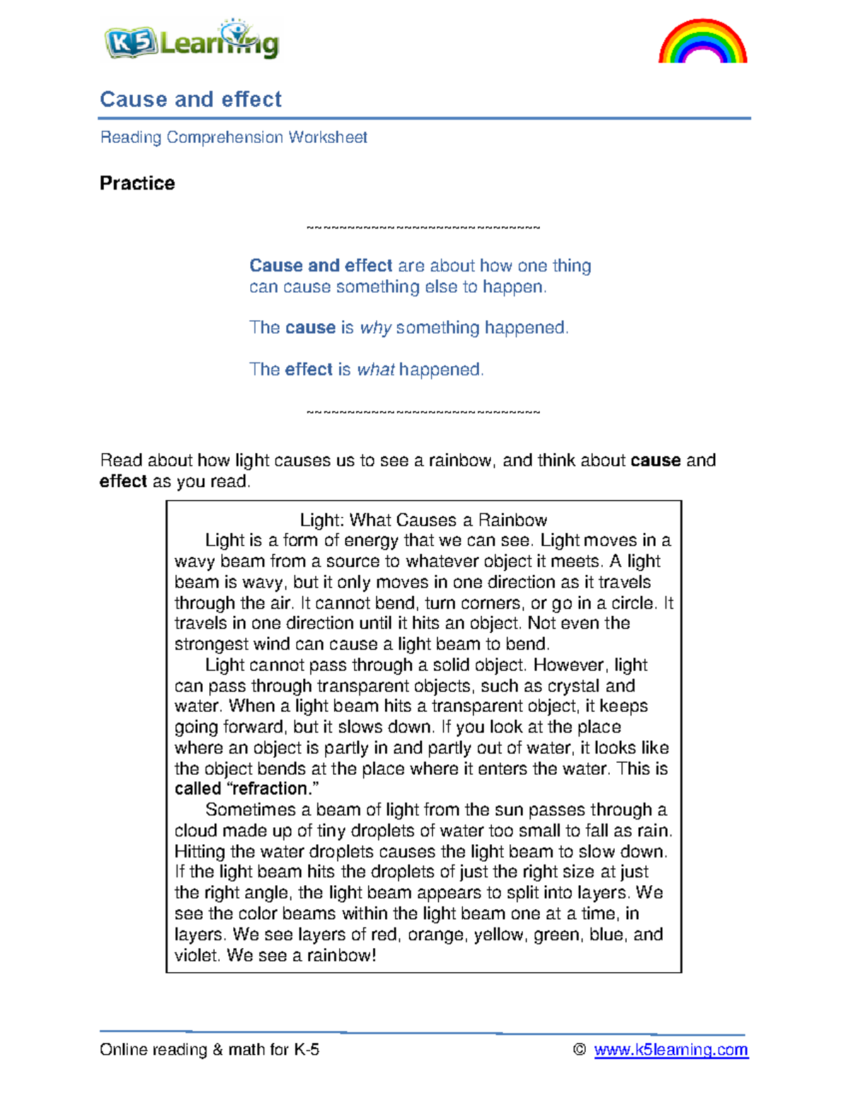 Grade 5 Cause and Effect: Understanding Light and Rainbows Worksheet ...