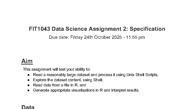 FIT1043 Data Science Assignment 2: Specification & Guidelines - Studocu