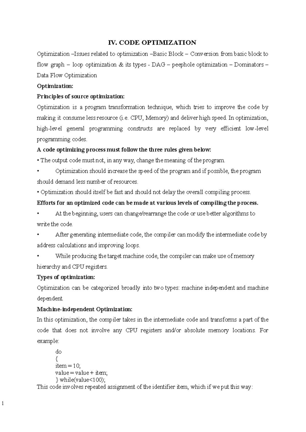 CC Unit-4: Code Optimization Techniques in Compiler Design - Studocu
