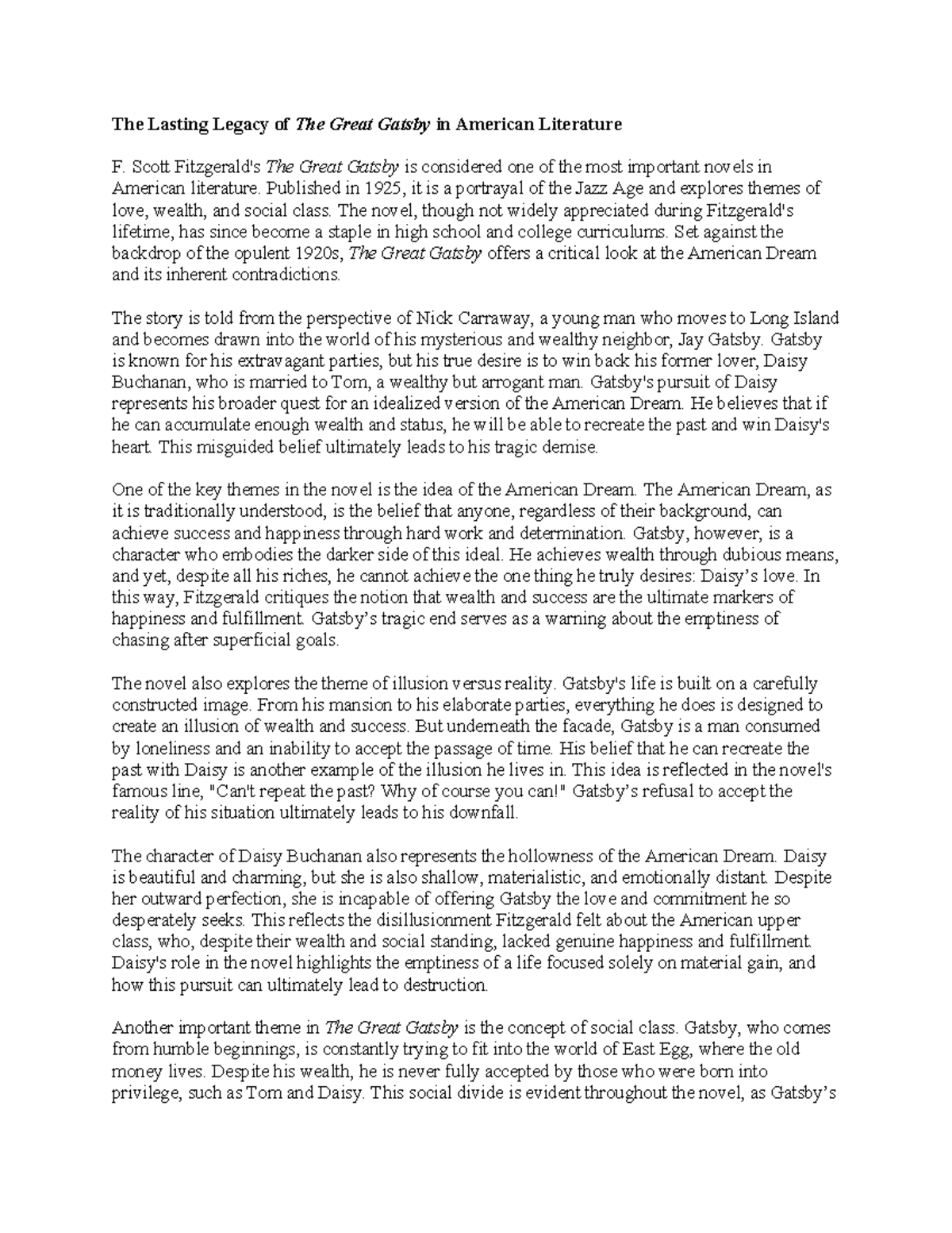 The Lasting Legacy of The Great Gatsby in Am Lit Analysis - Studocu